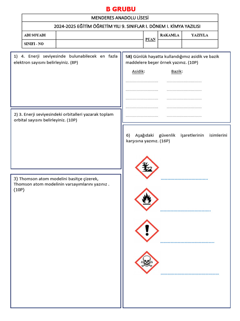 9.sinif Ki̇mya Yazilisi B Grubu | PDF