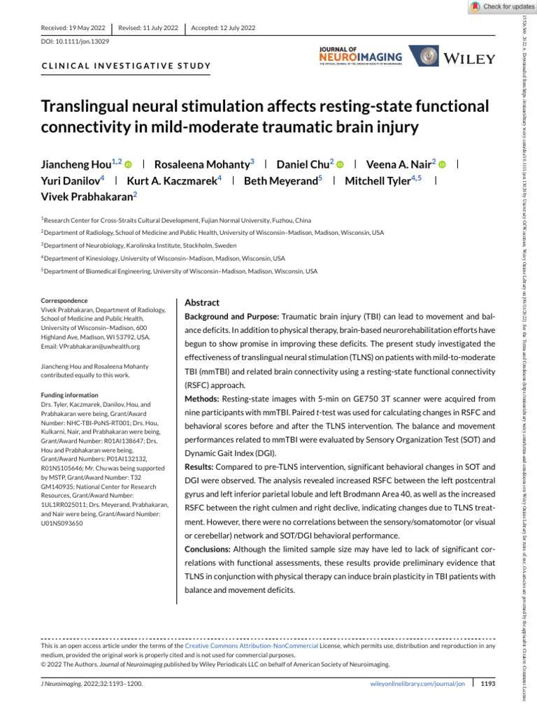 Translingual Neural Stimulation Affects | PDF | Functional Magnetic ...