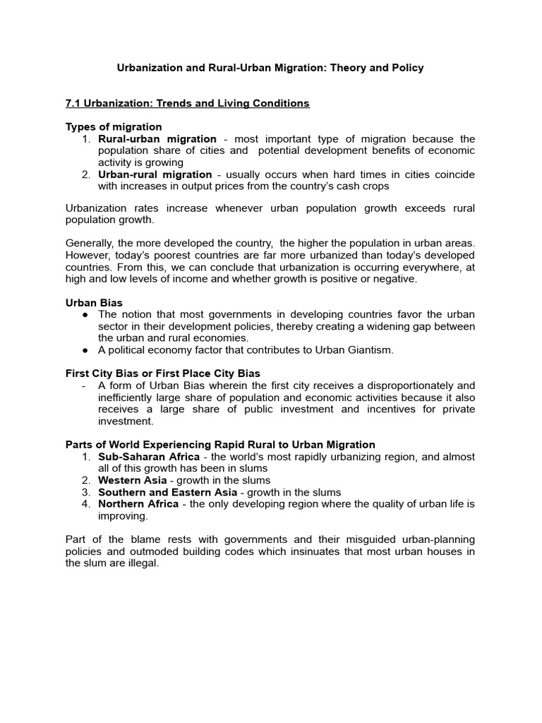 Lesson 2 - Urbanization and Rural-Urban Migration - Summary | PDF ...