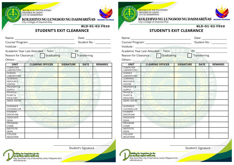 KLD 01 02 F010 Students Exit Clearance | PDF | Science
