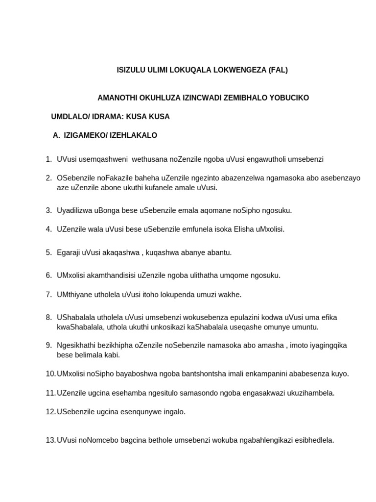 Kusa Kusa: Izifundo Nezigameko | PDF