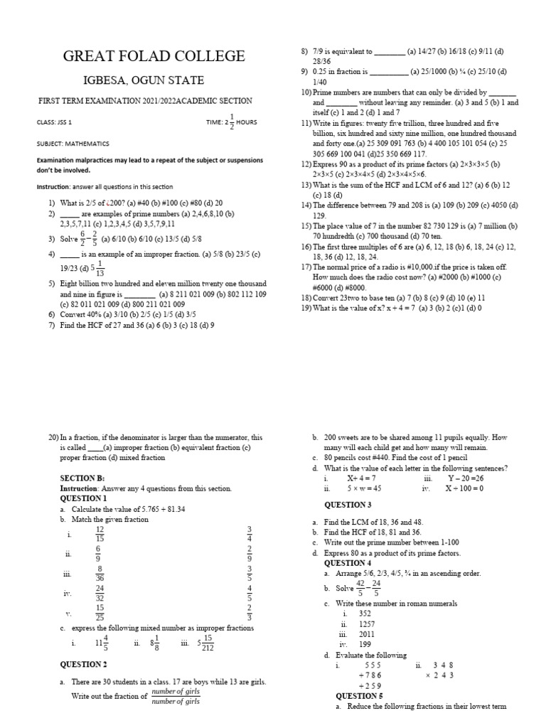 JSS 1 Mathematics Exam Questions | PDF | Mathematical Notation ...