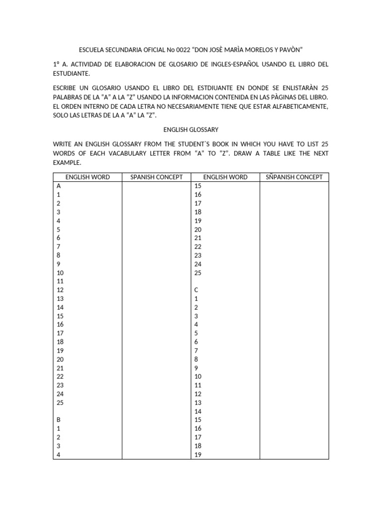 ACTIVIDAD DE INGLES 1o A ESCUELA SECUNDARIA OFICIAL No 0022 | PDF