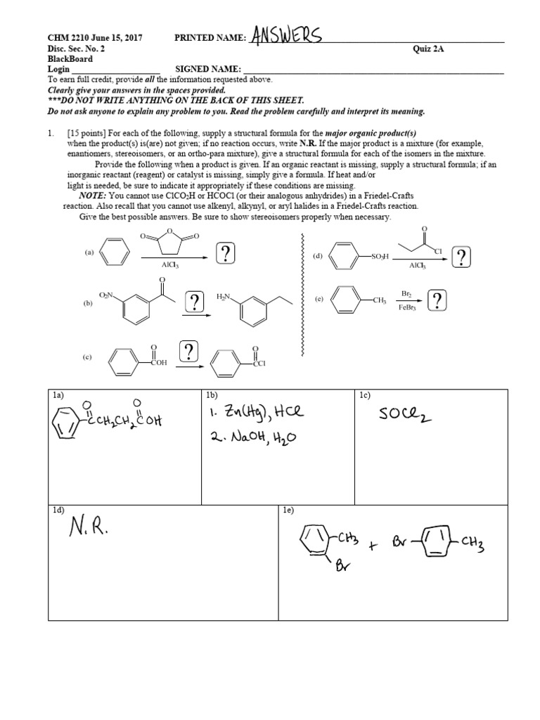 Organic Chemistry FSU Summer Session Quiz 2 | PDF | Chemical Reactions | Reagent