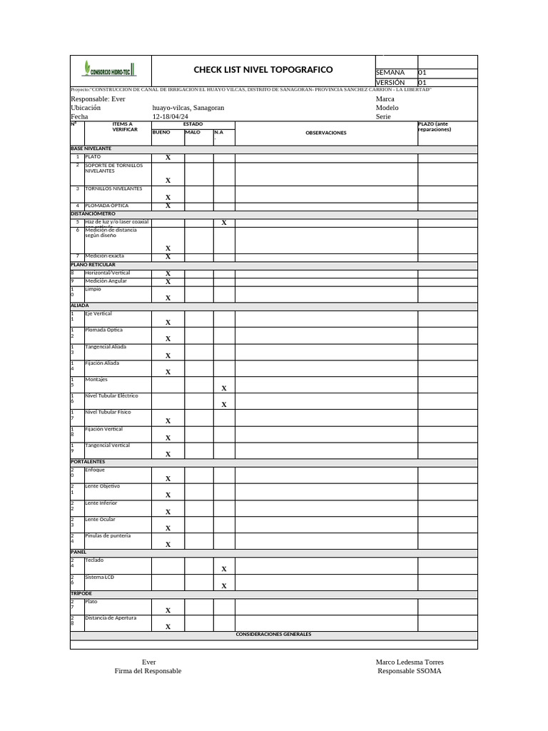 Check List de NIVEL TOPOGRAFICO | PDF | Óptica | Electrodinámica