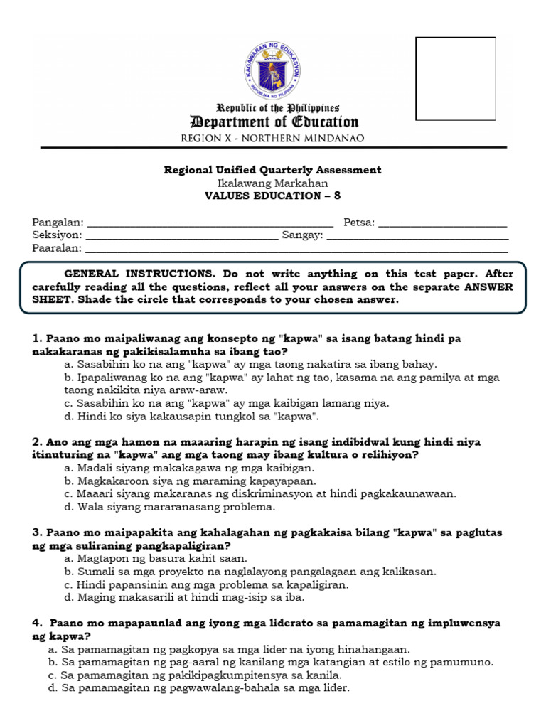 Grade 8 Values Education 2Q RUQA FINAL QUESTIONS | PDF