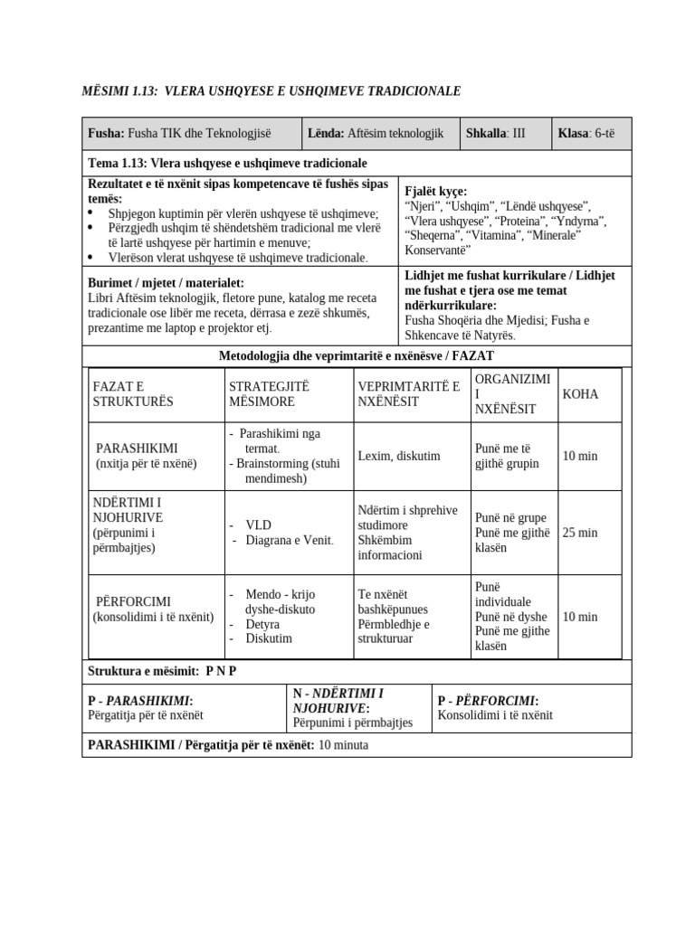 1.13. Vlera Ushqyese e Ushqimeve Tradicionale | PDF