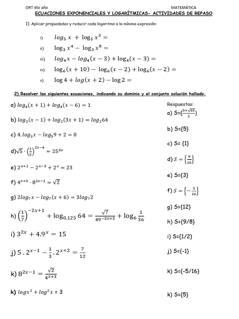 Ecuaciones Exponenciales y Logarítmicas. Actividades de Repaso 2 | PDF