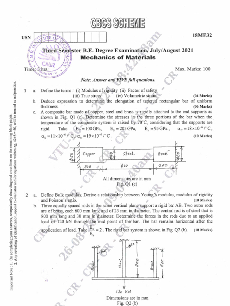 VTU Question Paper of 18ME32 Mechanics of Materials Aug-2021 | PDF