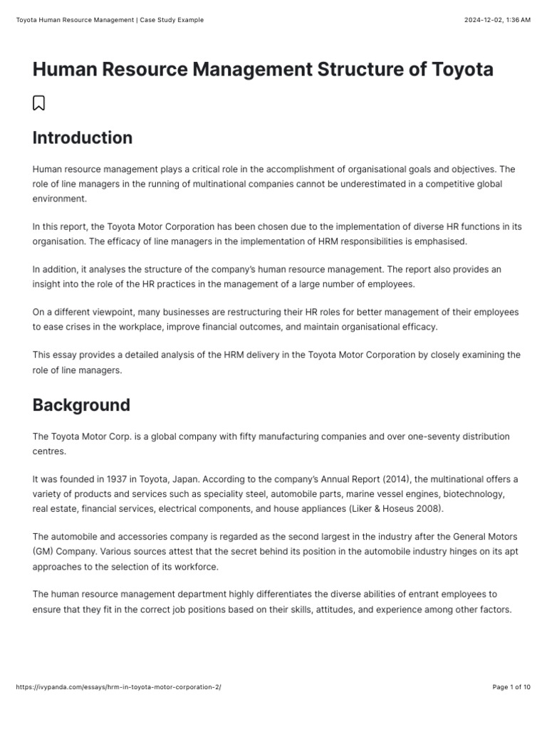 Toyota Human Resource Management - Case Study Example | PDF | Human ...