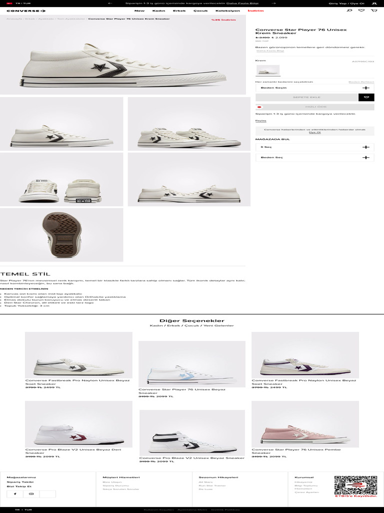 Converse Star Player 76 Unisex Krem Sneaker Tüm Ayakkabılar Converse ...