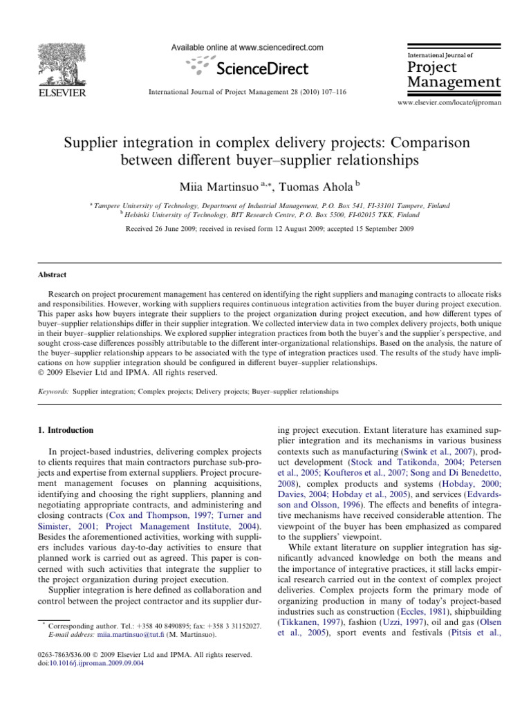Supplier Integration in Complex Delivery Projects: Comparison Between ...