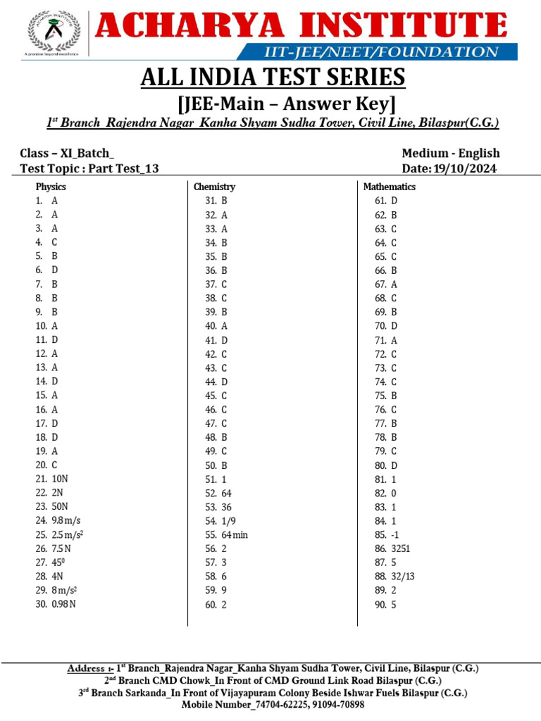 Answer Key - 13 - JEE-Main - Class XI - RN | PDF