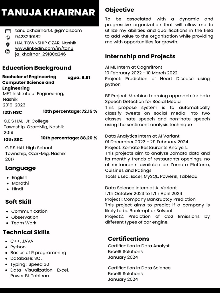 Tanuja Khairnar Resume | PDF | Artificial Intelligence | Intelligence ...