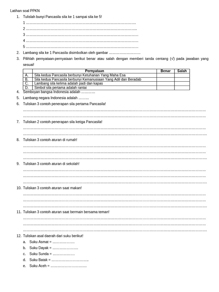 Latihan Soal PPKN Kls 1 | PDF