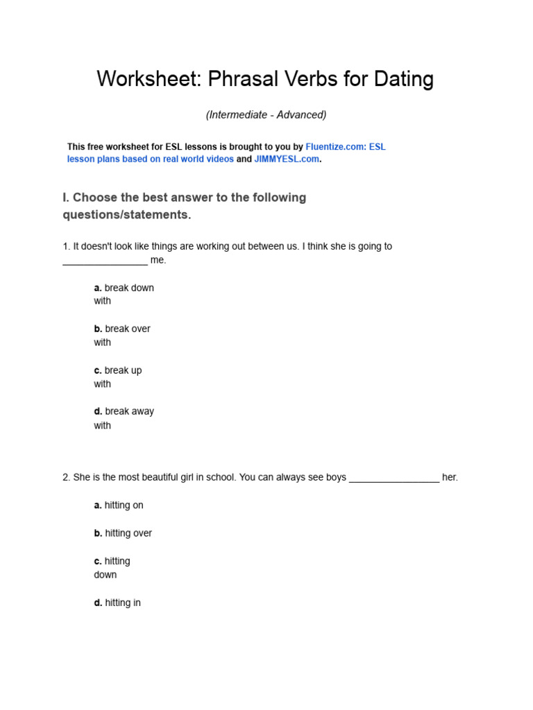 ESL Phrasal Verbs Worksheet - Dating | PDF