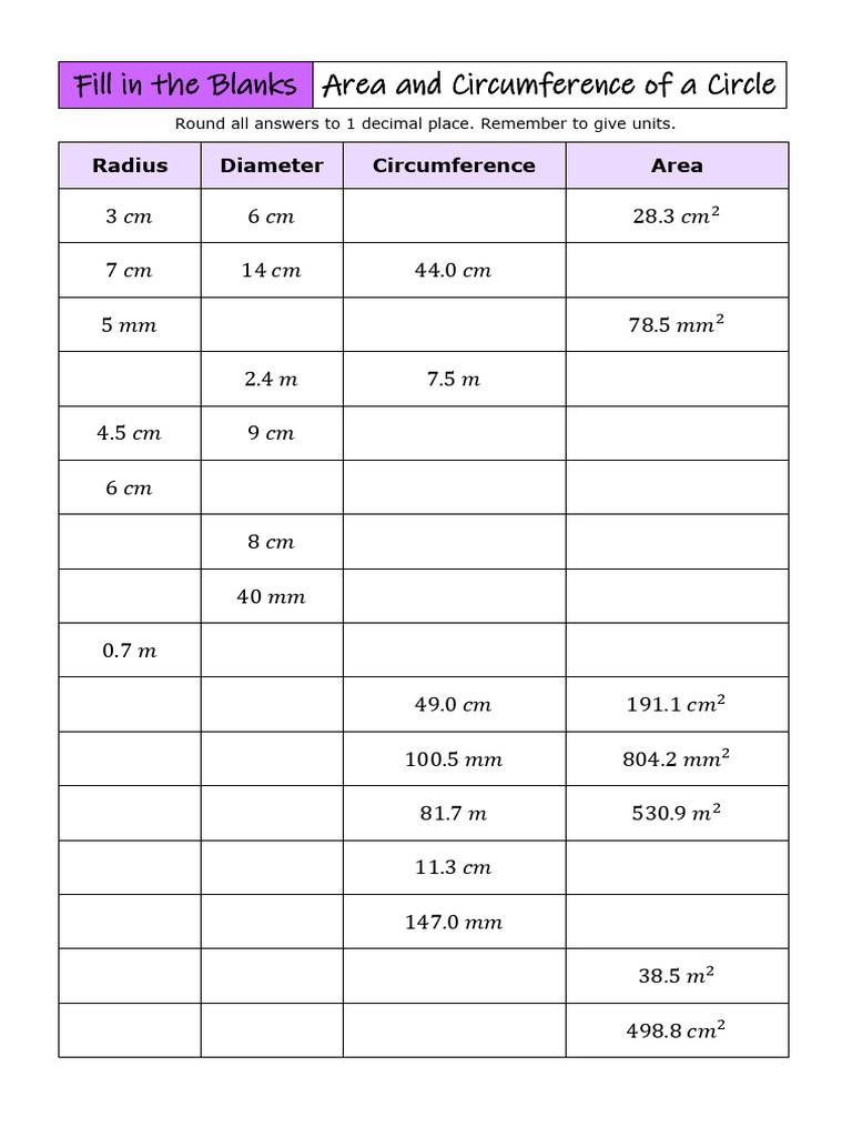 Area and Circumference of A Circle Fill in The Blanks 2 | PDF