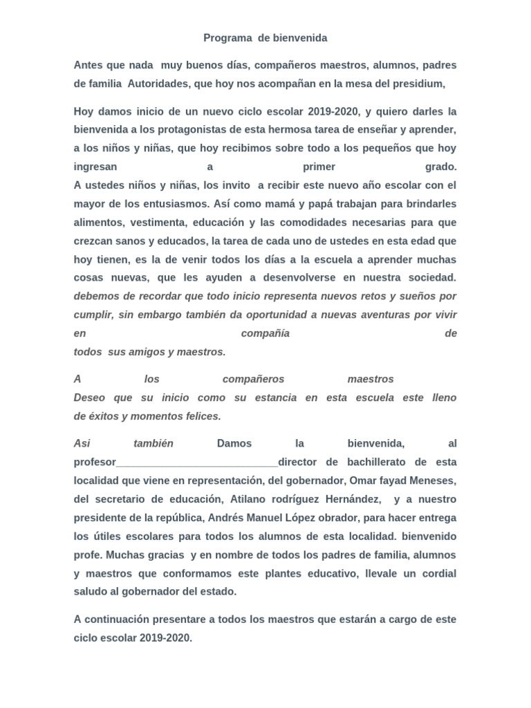 Programa de Bienvenida | PDF
