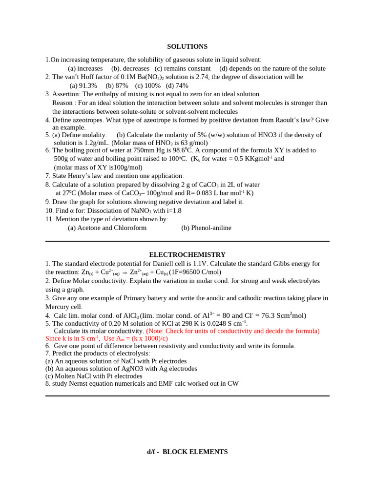 Class 12 Rev Qns From All Chapters Pdf Physical Chemistry Chemistry