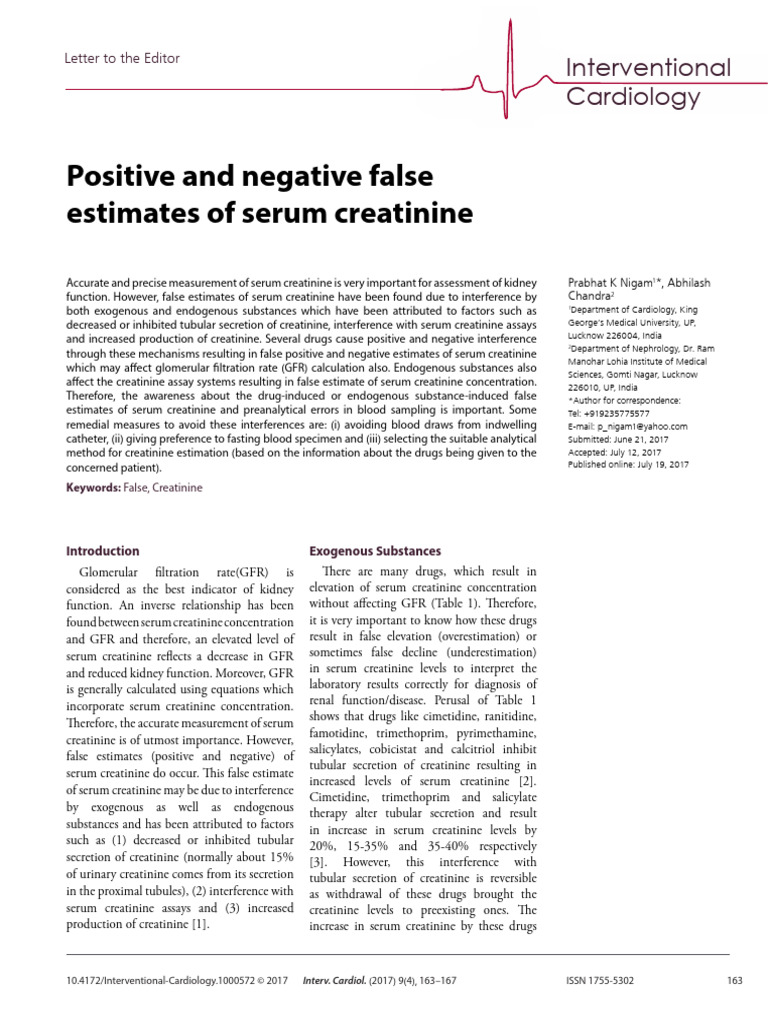 Positive and Negative False Estimates of Serum Cre | PDF | Creatinine ...