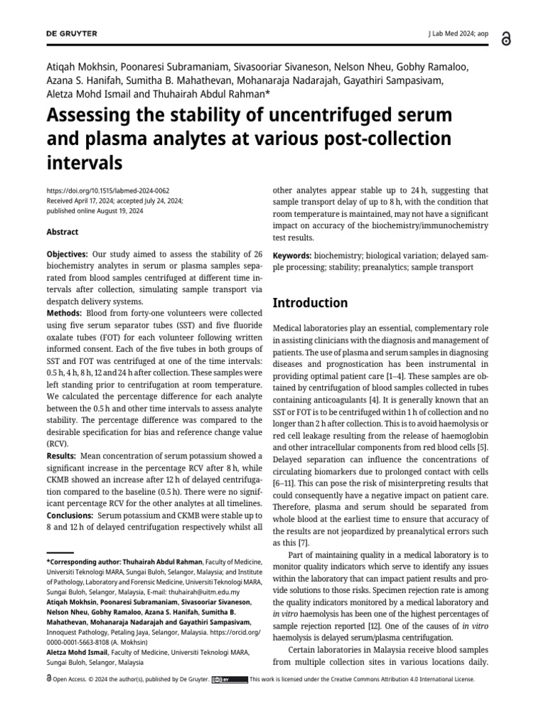 10.1515 - Labmed 2024 0062 | PDF | Blood Plasma | Sample Size Determination