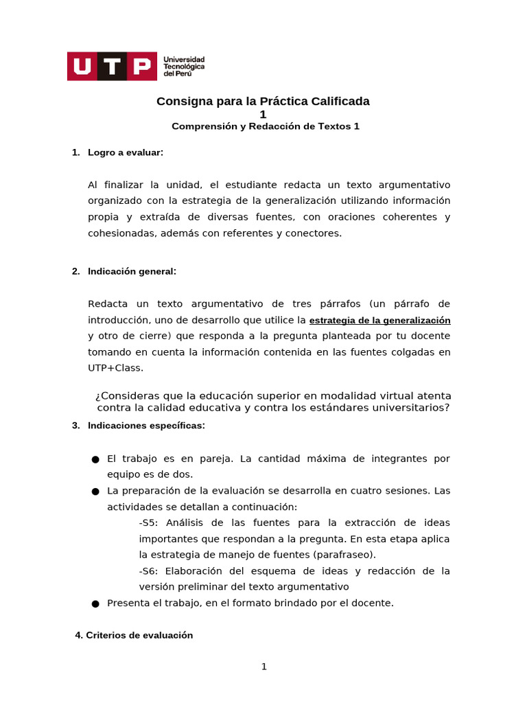 S06.s2 - Versión Preliminar - Consigna para La Práctica Calificada 1 (PC1) | PDF | Puntuación ...