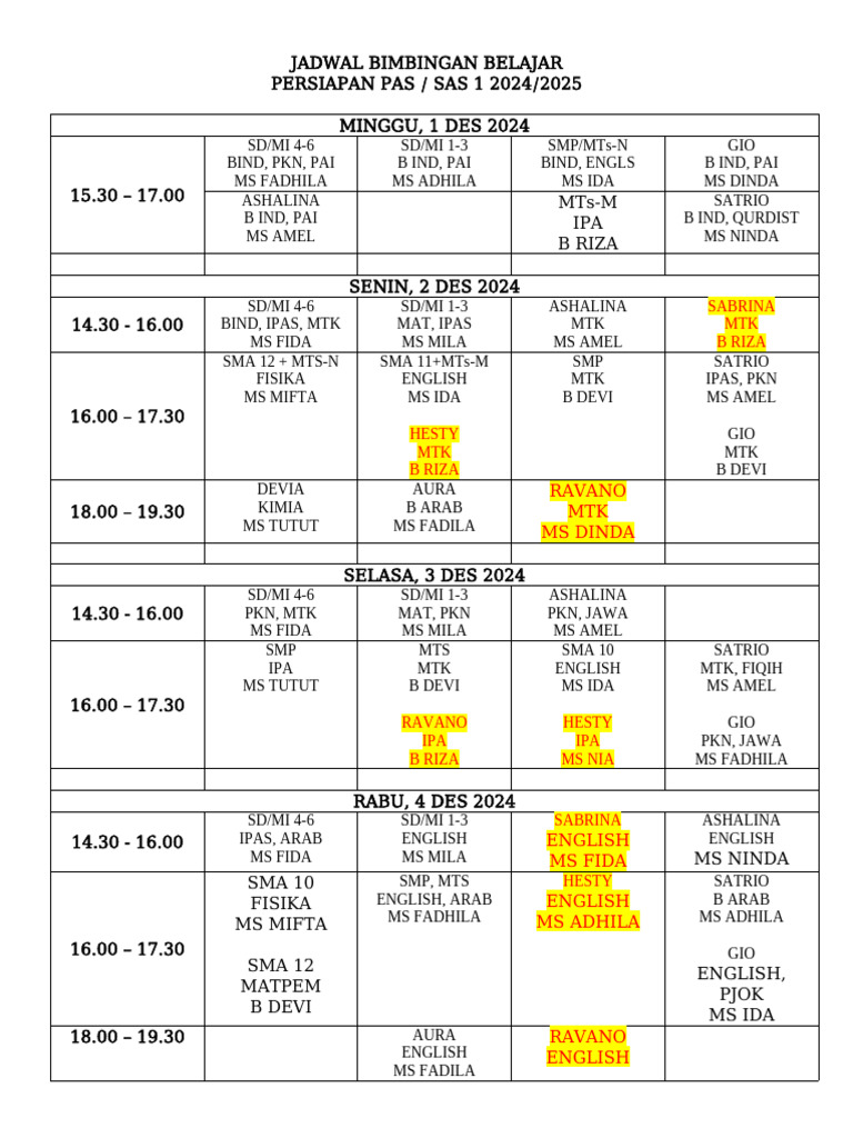 Jadwal Bimbingan Belajar | PDF