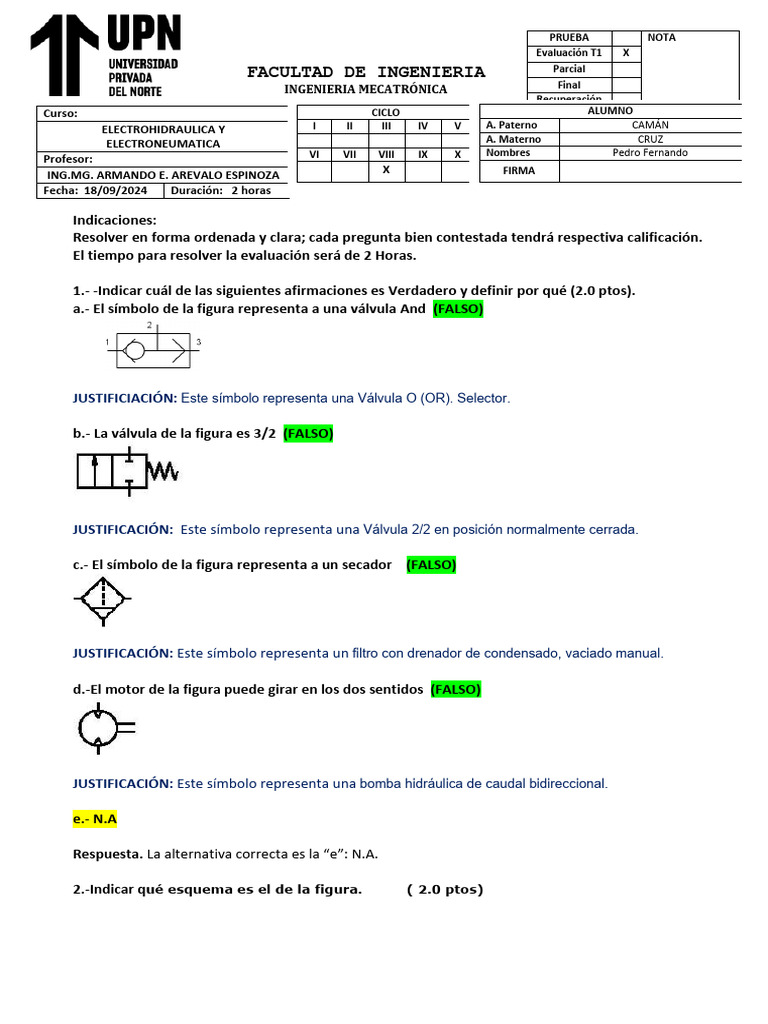 Examen T1 - Electrohidráulica y Electroneumática - 2024 - II UPN | PDF | Neumática | Red eléctrica