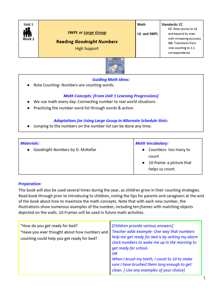 Math Concepts with Goodnight Numbers | PDF | Learning | Cognitive Science