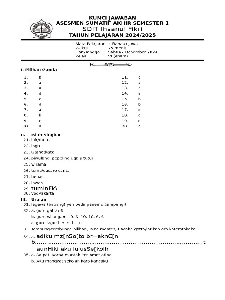 Kunci Jawaban Asas1 BHS Jawa KLS 6 TP.2425 | PDF