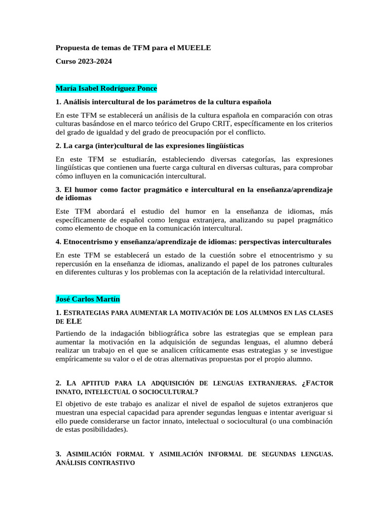 Temas TFM 2023-2024 Entregar | PDF | Enseñando | Aprendizaje