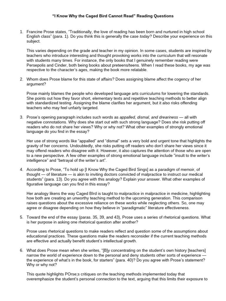 I Know Why The Caged Bird Cannot Read Questions | PDF | Essays ...