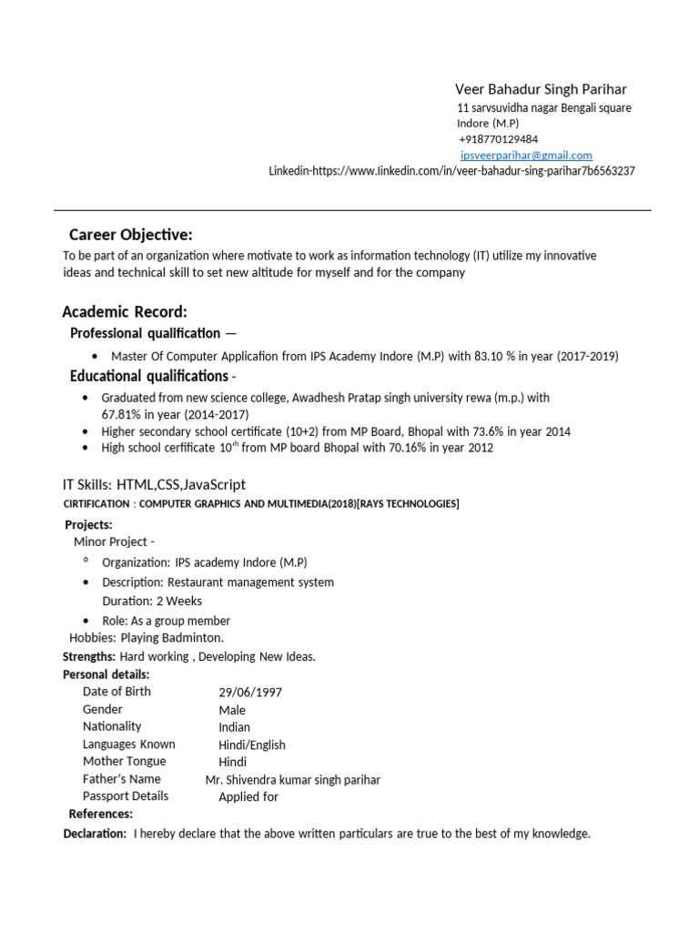Veer Bahadur Singh Parihar Resume | PDF