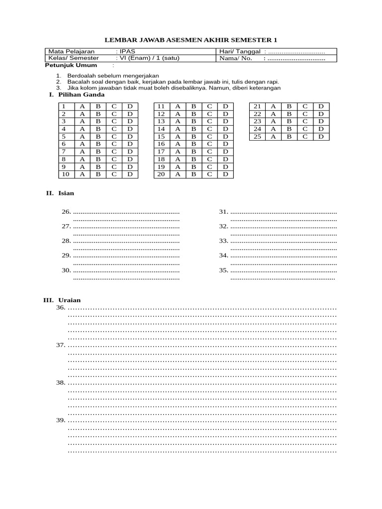 Kunci Dan Lembar Jawaban Asas Ipas 1 2024 | PDF