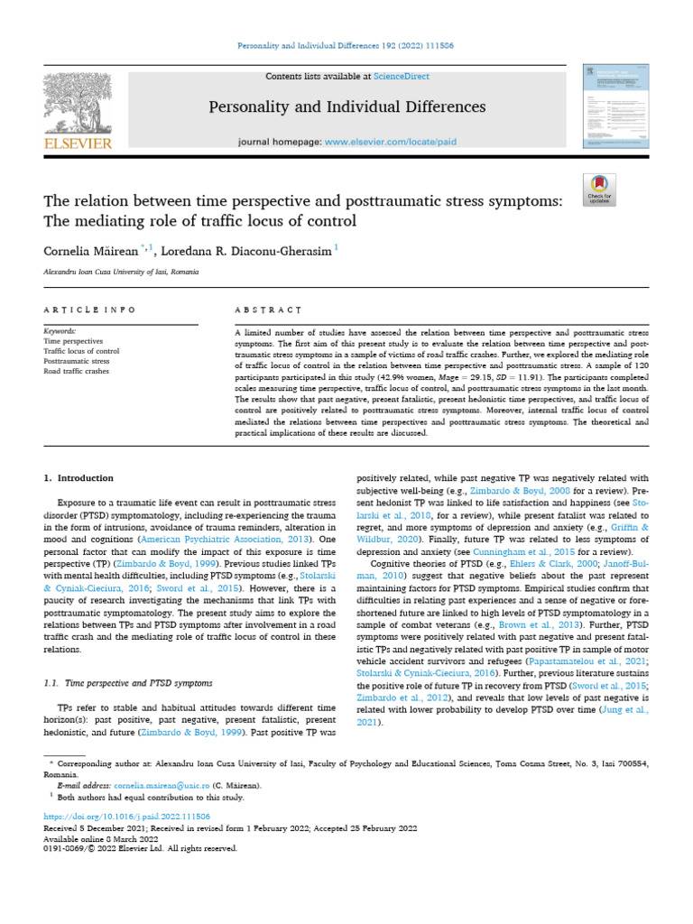 The Relation Between Time Perspective and Posttraumatic Stress Symptoms ... The Relation Between Time Perspective and Posttraumatic Stress Symptoms ...