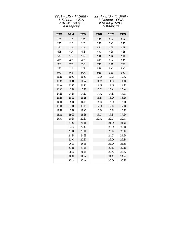 11 SAY Cevap Anahtarları | PDF