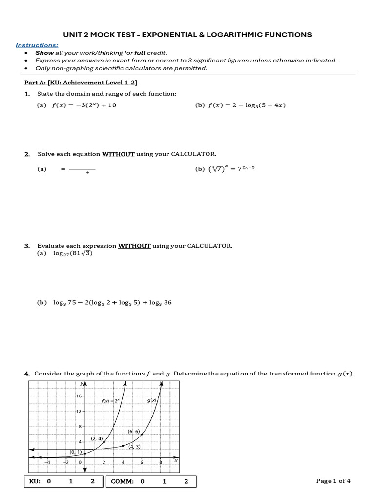 Exponential & Logarithmic Functions Test | PDF | Logarithm | Function ...