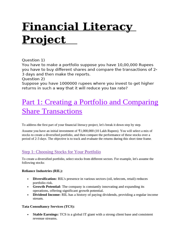 Financial Literacy Project | PDF | Investing | Tax Exemption