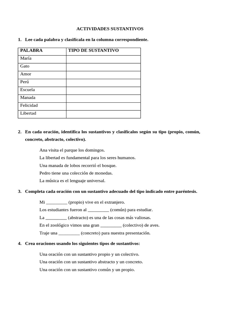 Actividades de Clasificación de Sustantivos | PDF