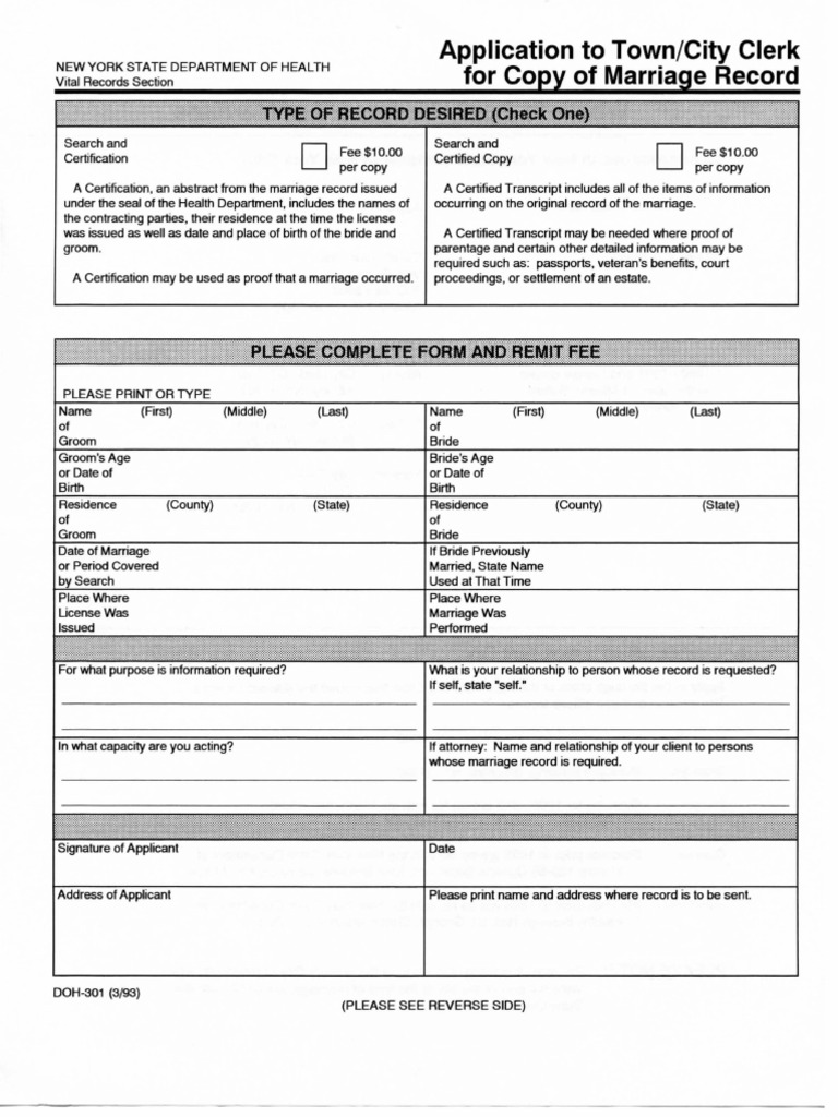 DOH 301 Marriage Certificate Form Town of Jackson New York | PDF | New ...