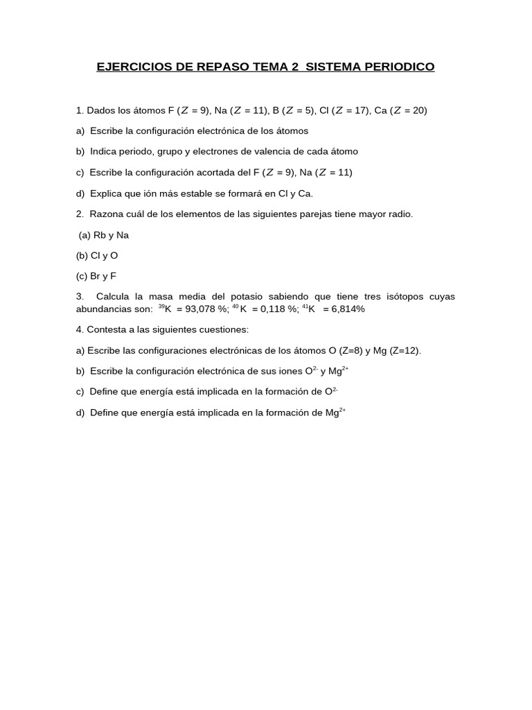 Ejercicios de Repaso Tema 2 Sistema Periodico | PDF