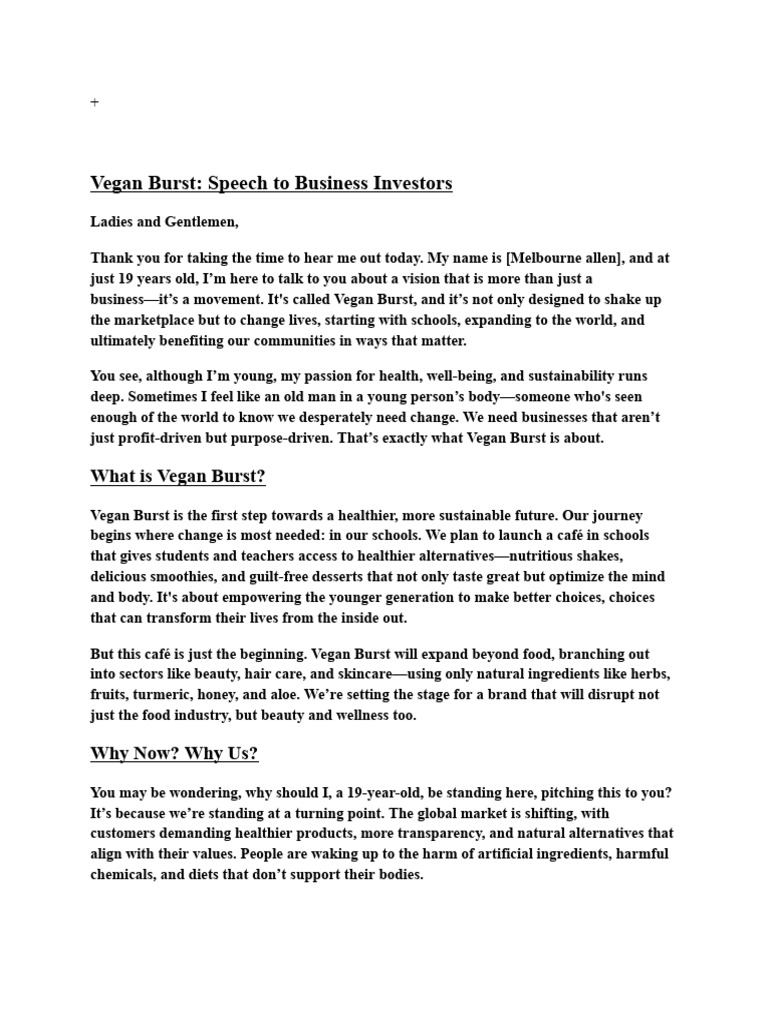 Vegan Burst - Speech To Business Investors | PDF | Veganism | Economies