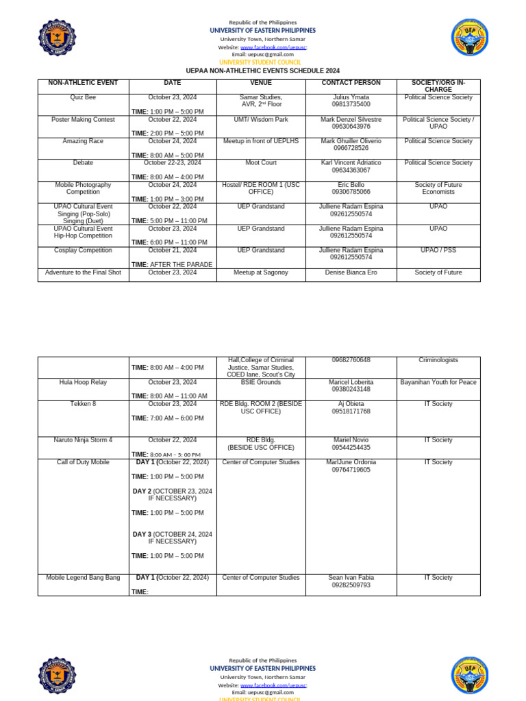 Uepaa Non Athletic Events Schedule | PDF