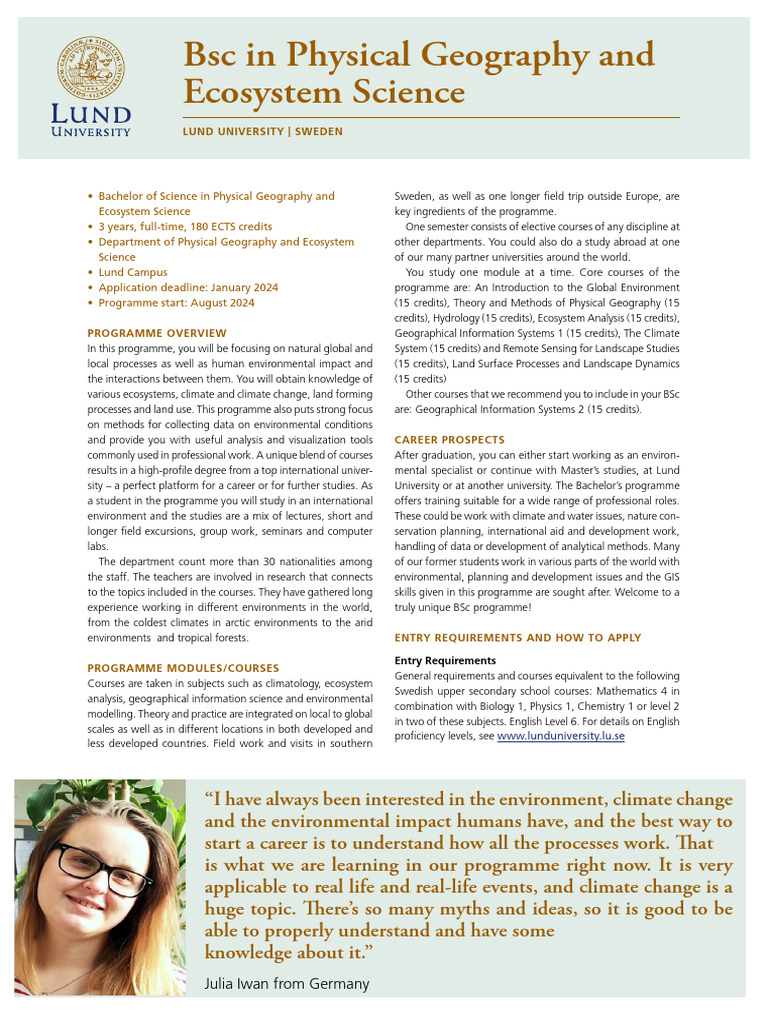 BSC in Physical Geography and Ecosystem Science Factsheet 2024 | PDF | Geography | Science
