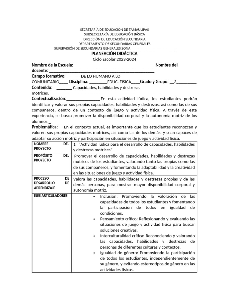 Educación Física 3° - Plan de Clase 2023-2024 | PDF | Evaluación | Aprendizaje