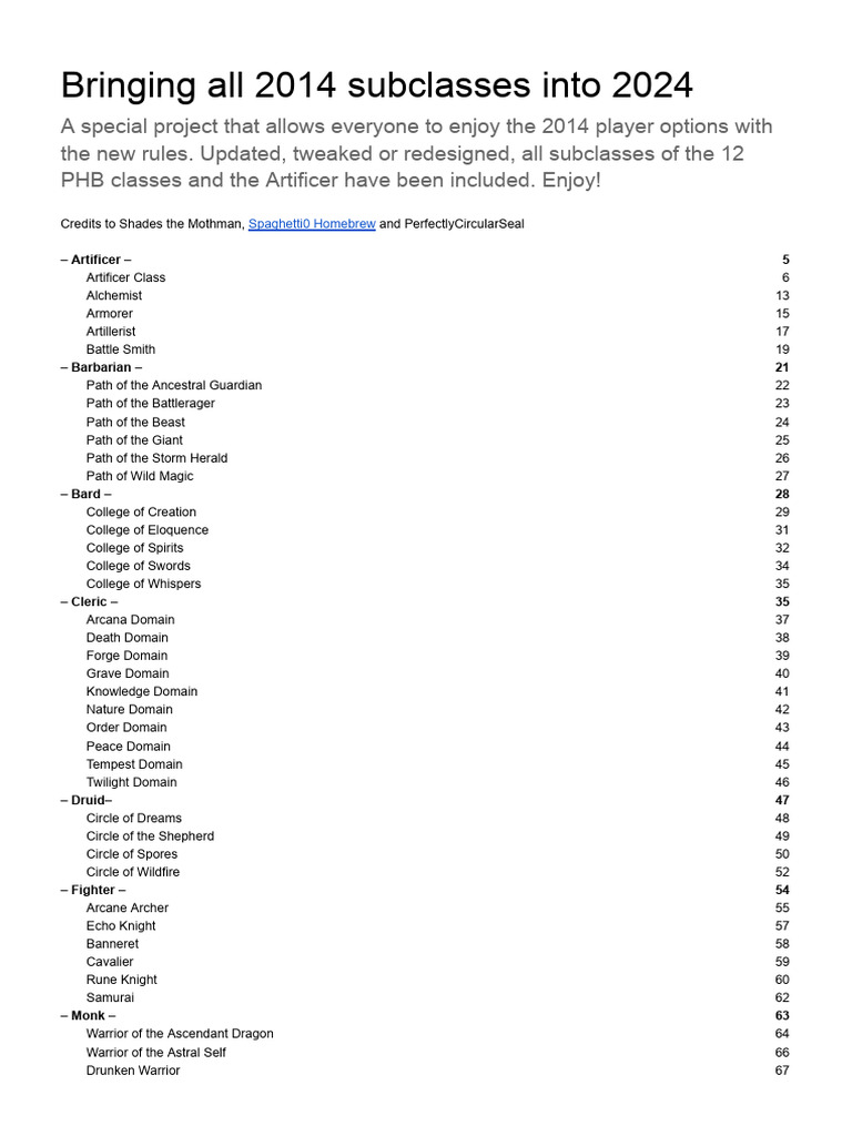 2014 Subclasses Updated for 2024 | PDF | Dungeons & Dragons | Gary ...