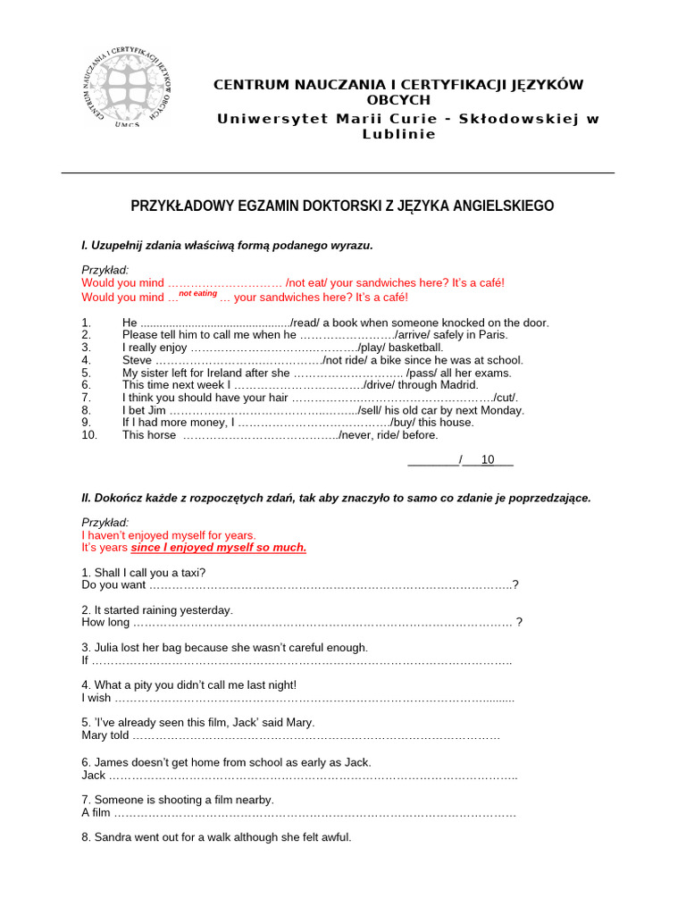 Przykladowy Egz Doktorski J Ang 2 1 | PDF