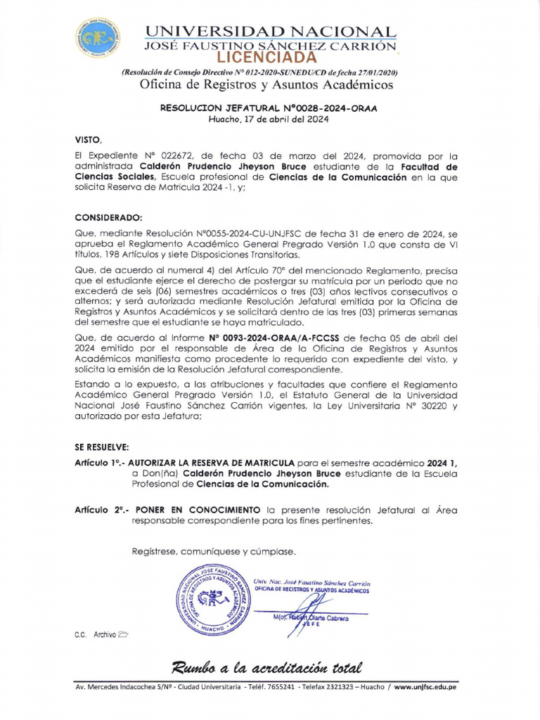 Autorización de Reserva de Matrícula | PDF
