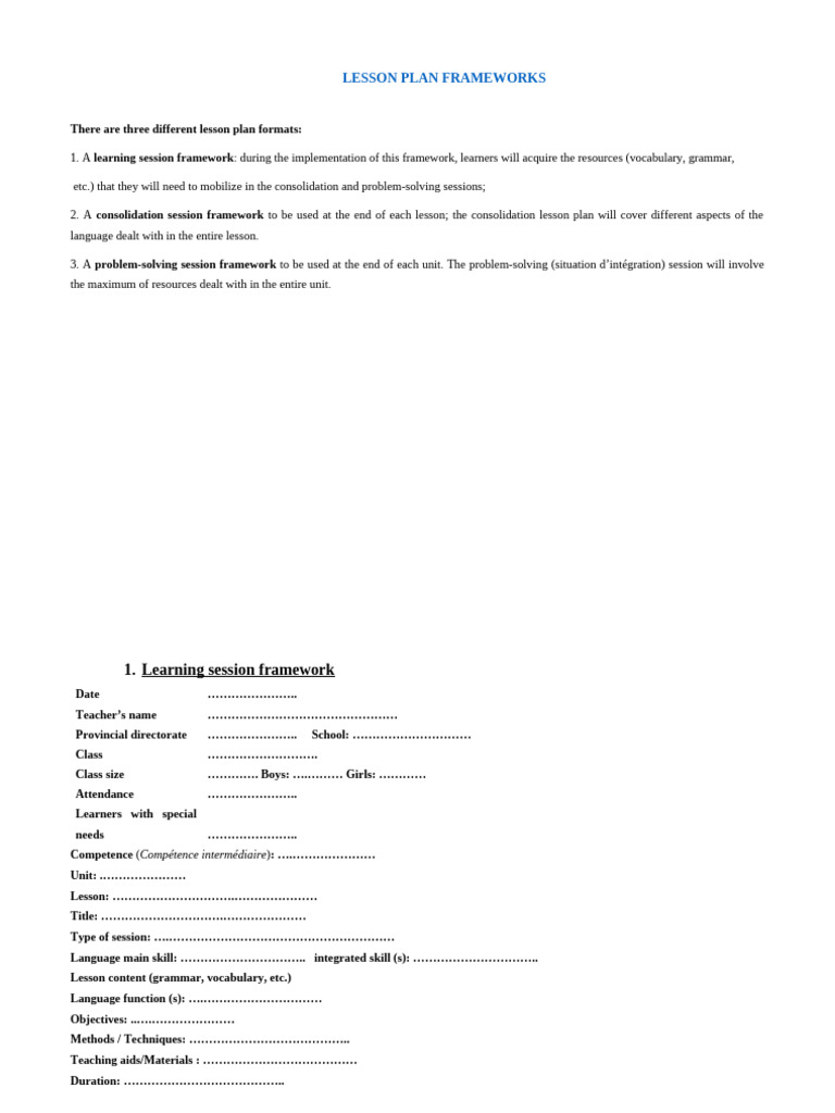 Lesson Plan Frameworks Guide | PDF | Teachers | Vocabulary