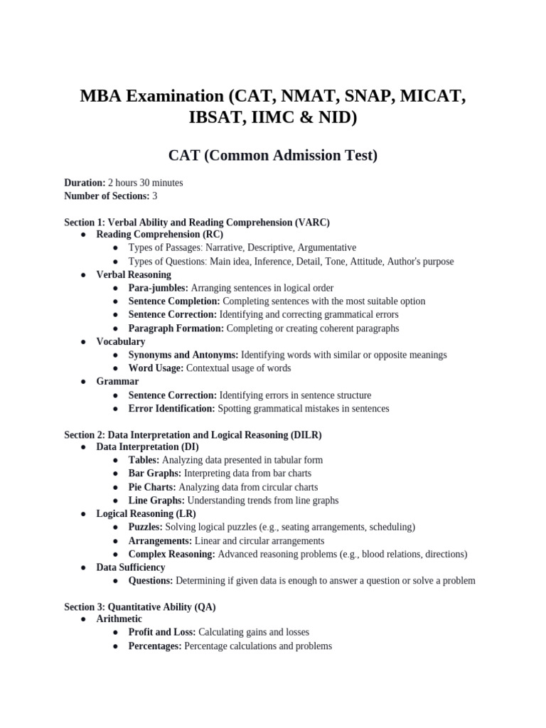 MBA Examination (CAT, NMAT, SNAP, MICAT, IBSAT, IIMC & NID) | PDF ...